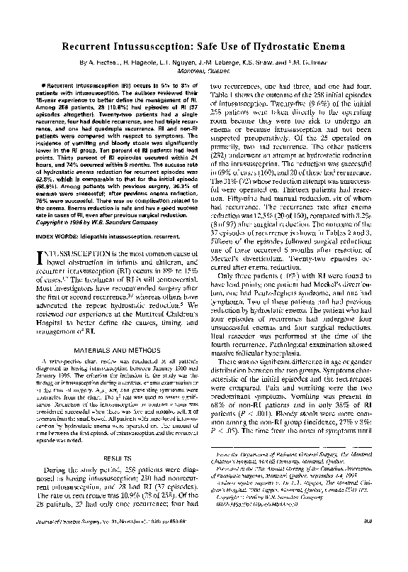 (PDF) Recurrent intussusception: Safe use of hydrostatic enema