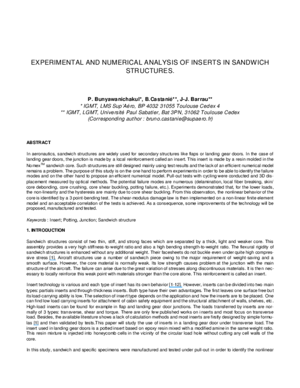Pdf Experimental And Numerical Analysis Of Inserts In Sandwich Structures