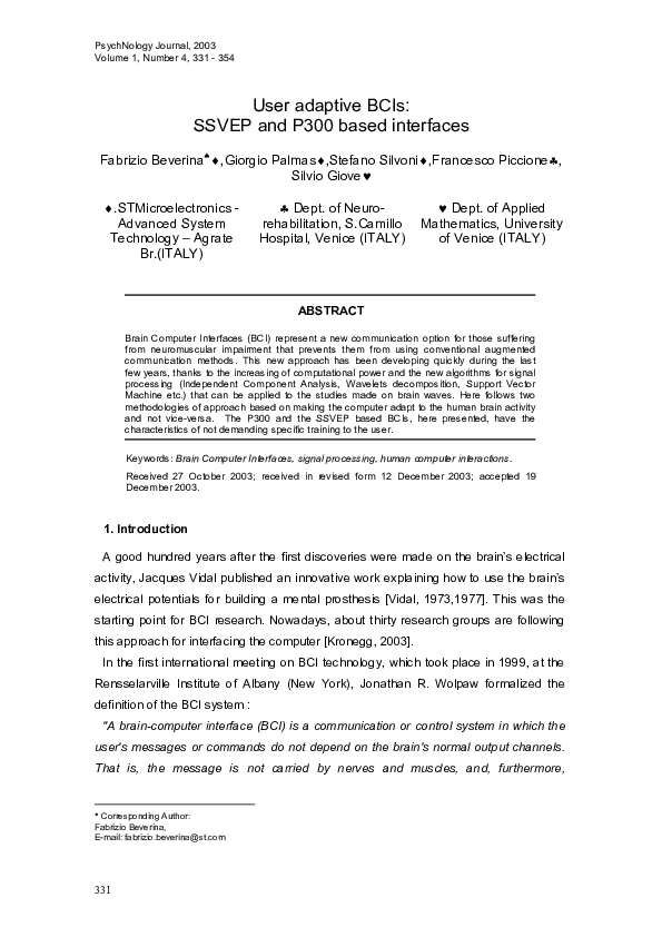 (PDF) User adaptive BCIs: SSVEP and P300 based interfaces