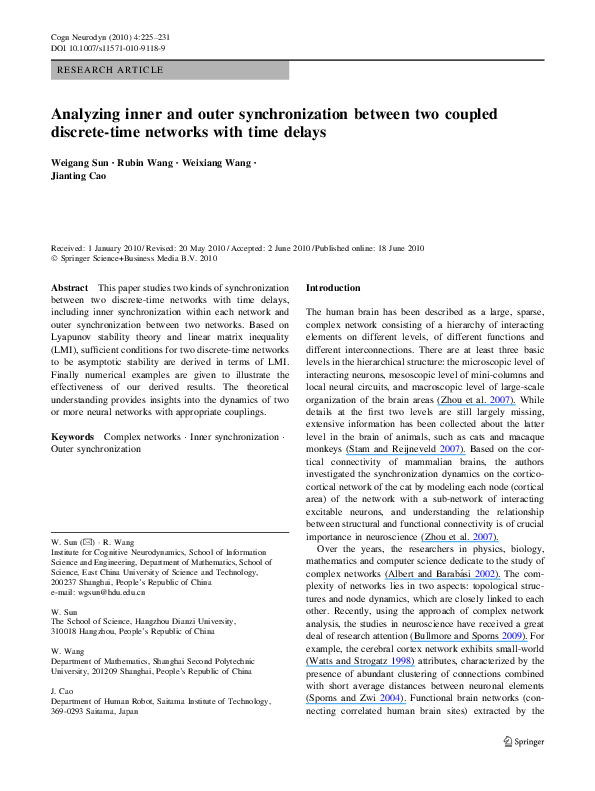 Pdf Analyzing Inner And Outer Synchronization Between Two Coupled