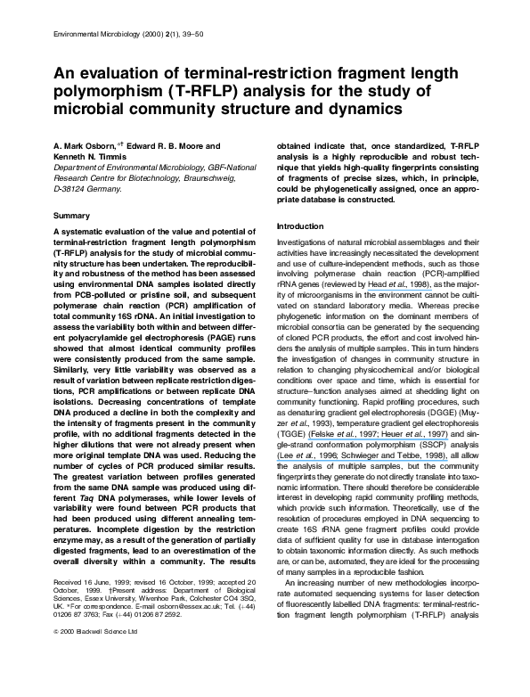 Pdf An Evaluation Of Terminal Restriction Fragment Length Polymorphism T Rflp Analysis For