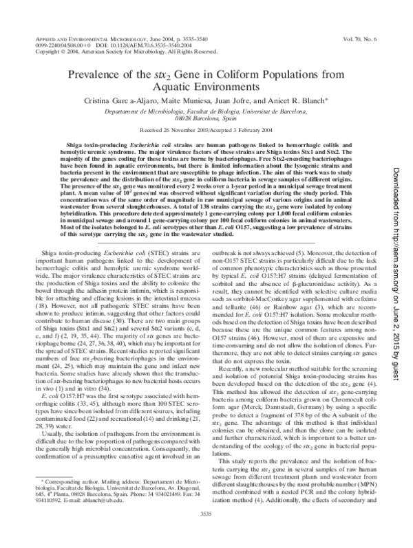(PDF) Prevalence of the stx2 Gene in Coliform Populations from Aquatic ...