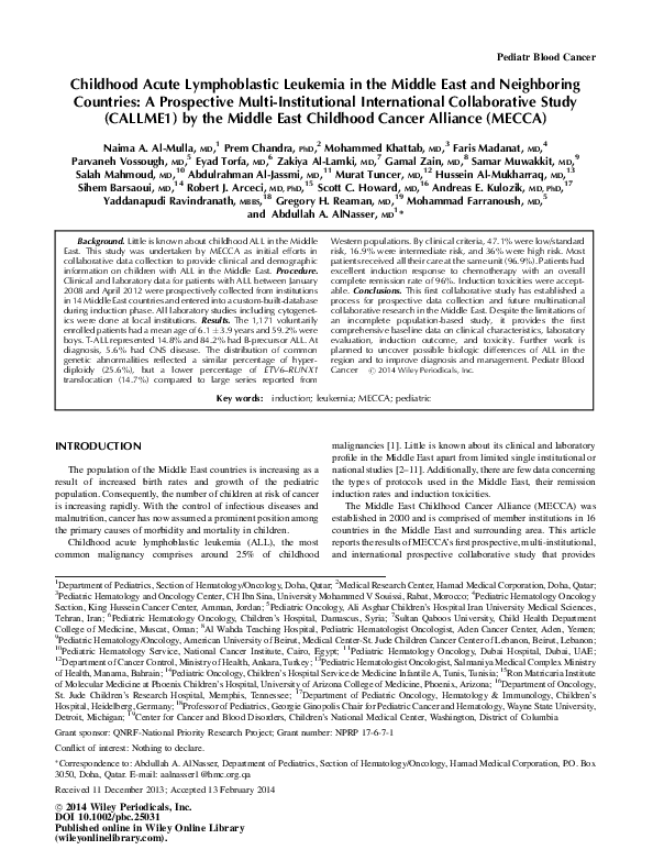 (PDF) Childhood acute lymphoblastic leukemia in the Middle East and neighboring countries: A ...