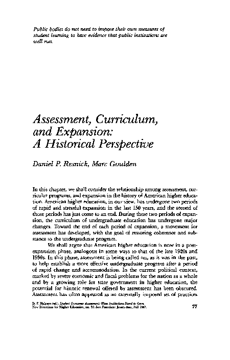 (PDF) Assessment, curriculum, and expansion: A historical perspective