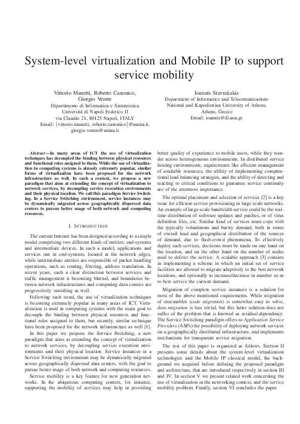 (PDF) System-Level Virtualization and Mobile IP to Support Service Mobility