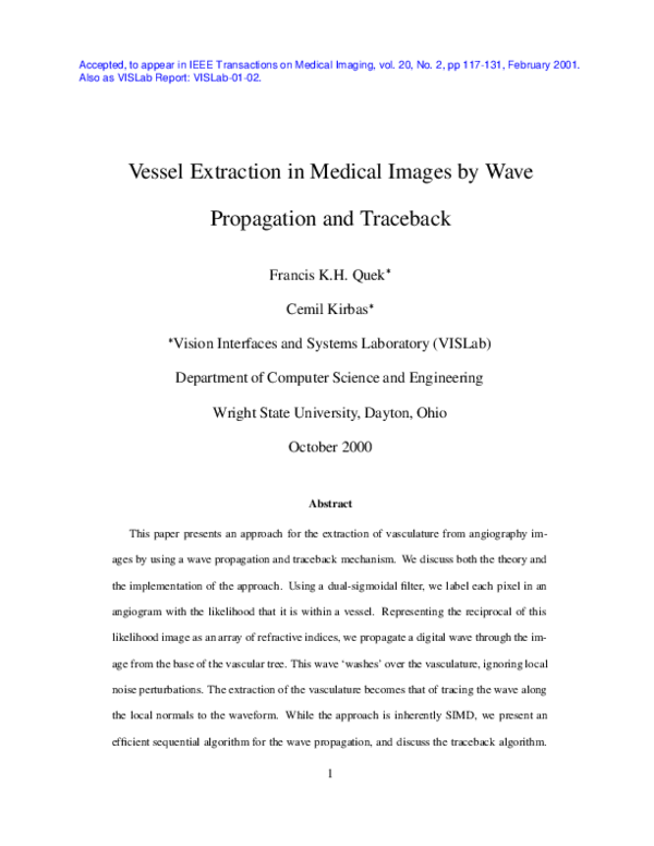 (PDF) Vessel extraction in medical images by wave-propagation and traceback