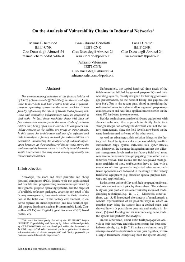 (PDF) On the analysis of vulnerability chains in industrial networks | Luca Durante - Academia.edu