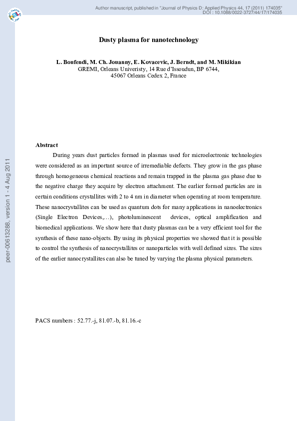 (PDF) Dusty plasma for nanotechnology