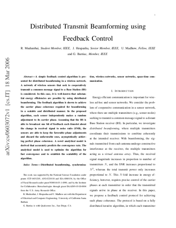 (PDF) Distributed Transmit Beamforming Using Feedback Control