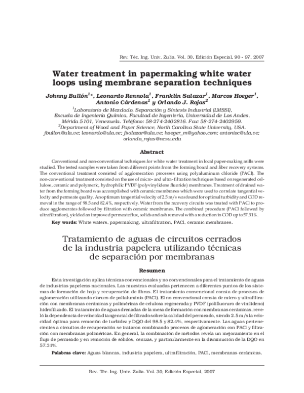 (PDF) Water treatment in papermaking white water loops using membrane ...