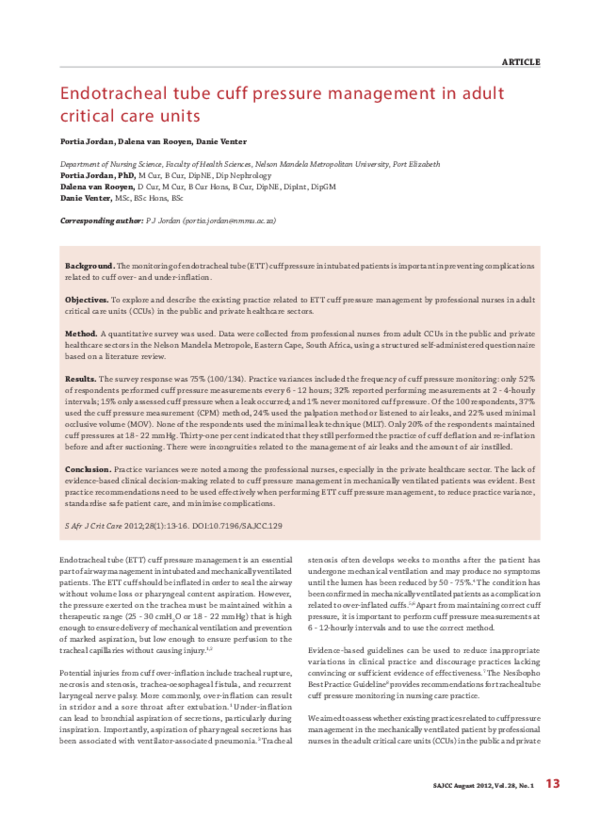 (PDF) Endotracheal tube cuff pressure management in adult critical care ...