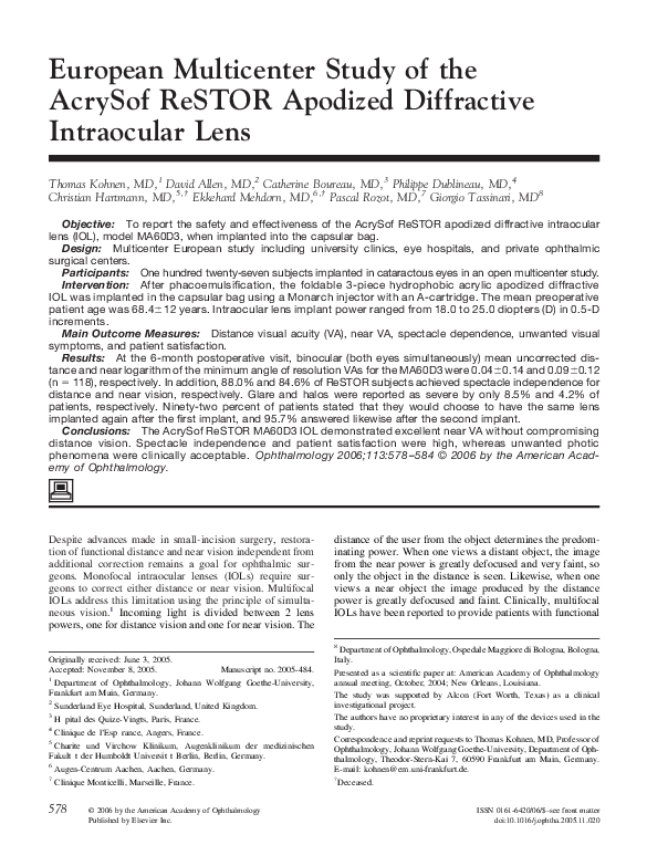 (PDF) European Multicenter Study of the AcrySof ReSTOR Apodized ...