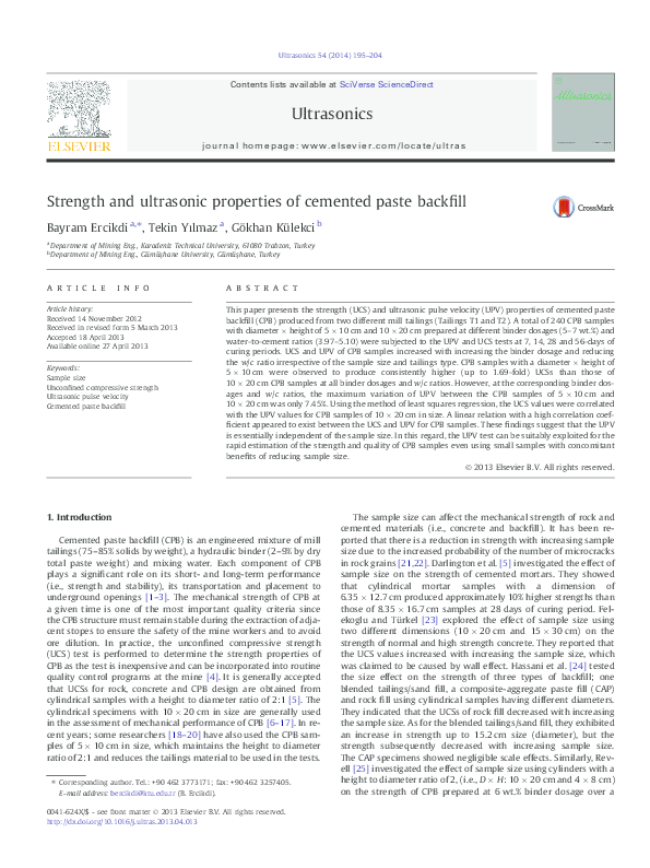 (PDF) Strength and ultrasonic properties of cemented paste backfill