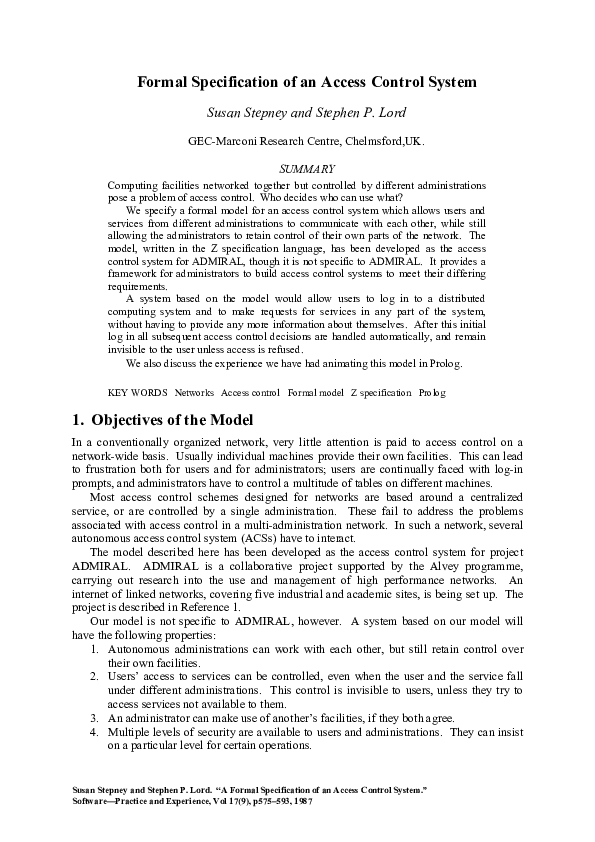 (PDF) Formal specification of an access control system