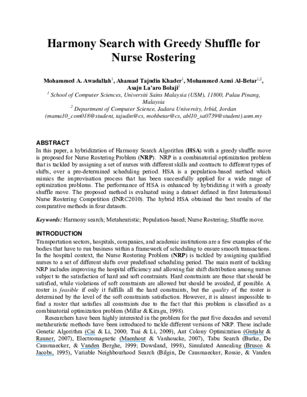 (PDF) Harmony Search with Greedy Shuffle for Nurse Rostering