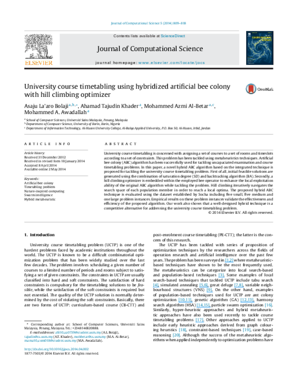 Pdf University Course Timetabling Using Hybridized Artificial Bee Colony With Hill Climbing