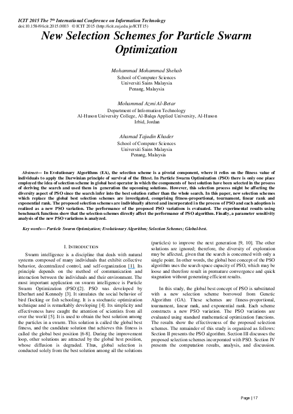 (PDF) New Selection Schemes for Particle Swarm Optimization