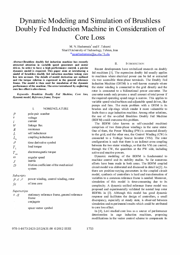 Pdf Dynamic Modeling And Simulation Of Brushless Doubly Fed Induction Machine In Consideration