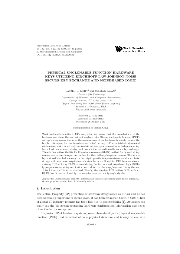 (PDF) PHYSICAL UNCLONABLE FUNCTION HARDWARE KEYS UTILIZING KIRCHHOFF ...