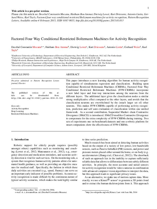 (PDF) Factored Four Way Conditional Restricted Boltzmann Machines for Activity Recognition