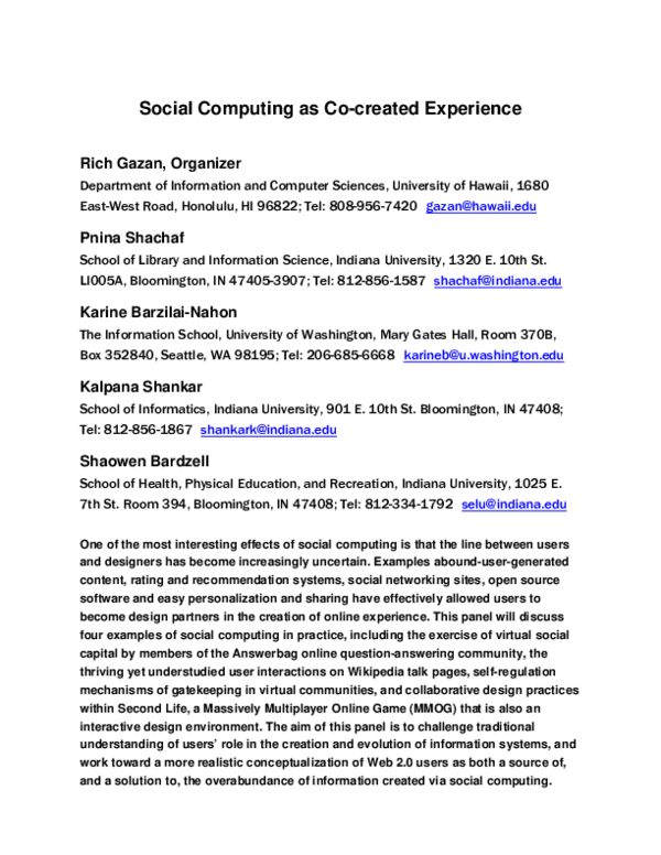 (PDF) Social computing as co-created experience