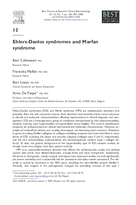 (PDF) Ehlers-Danlos syndromes and Marfan syndrome | Bert Callewaert ...