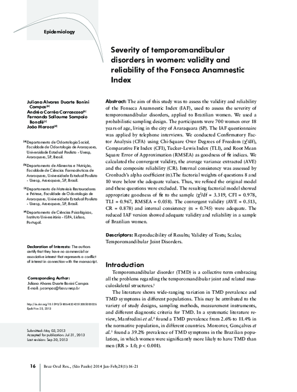 (PDF) Severity of temporomandibular disorders in women: validity and ...
