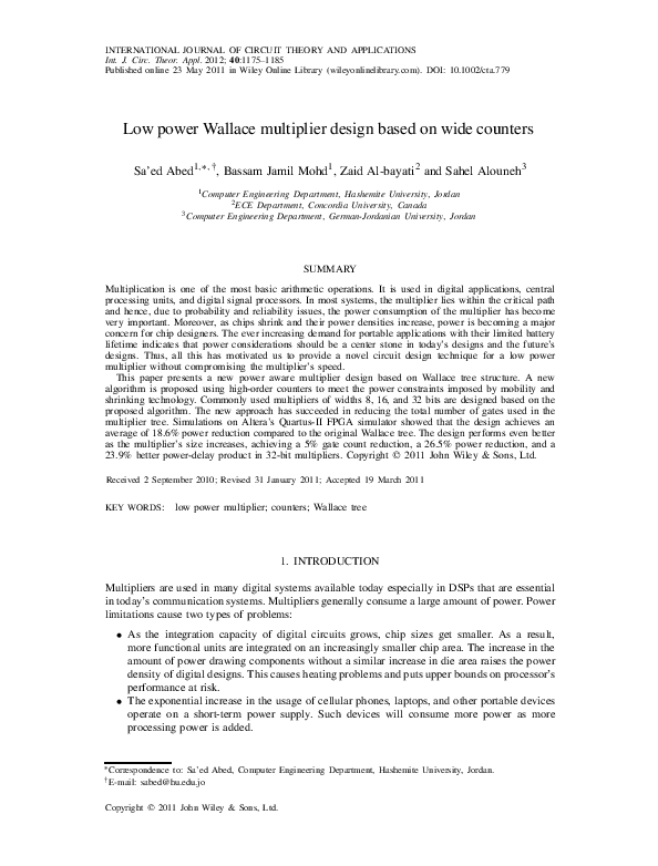 (PDF) Low power Wallace multiplier design based on wide counters