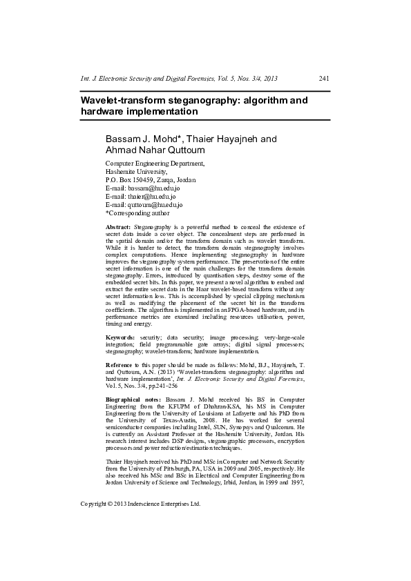 (PDF) Wavelet-transform steganography: algorithm and hardware implementation