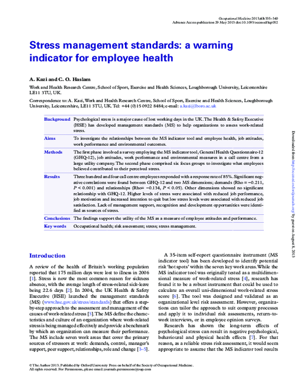 (PDF) Stress management standards: a warning indicator for employee health