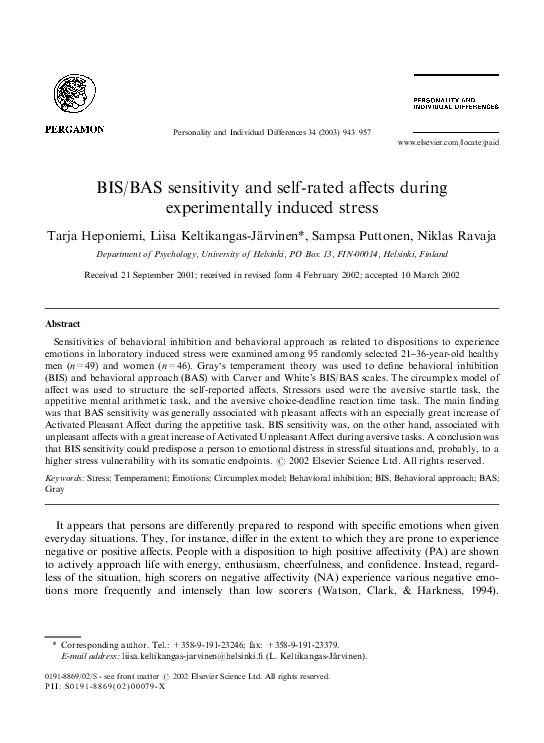 (PDF) BIS/BAS sensitivity and self-rated affects during experimentally ...
