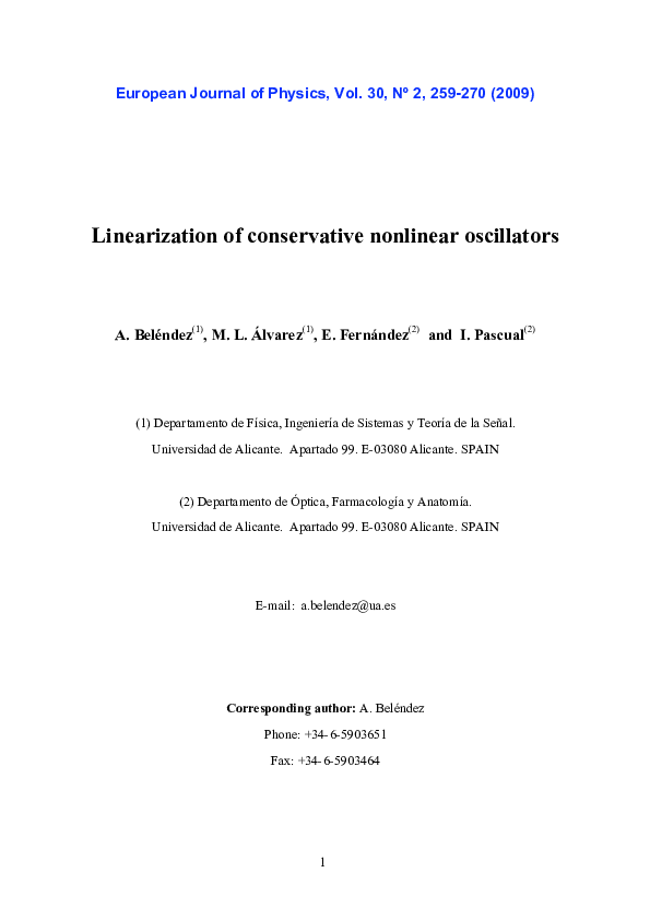 (PDF) Linearization of conservative nonlinear oscillators