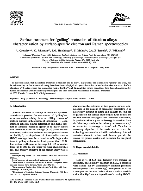(PDF) Surface treatment for ‘galling’ protection of titanium alloys ...