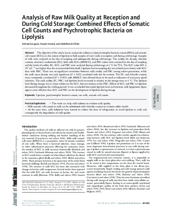 (PDF) Analysis of Raw Milk Quality at Reception and During Cold Storage ...