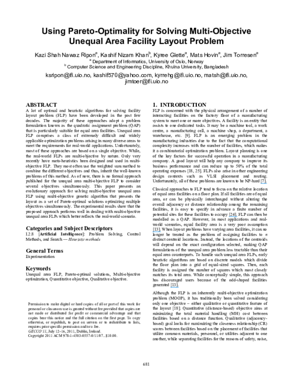 Pdf Using Pareto Optimality For Solving Multi Objective Unequal Area
