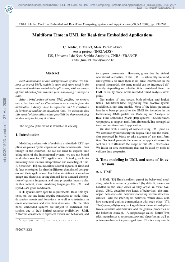 (PDF) Multiform time in UML for real-time embedded applications | Marie-agnès Peraldi-frati ...