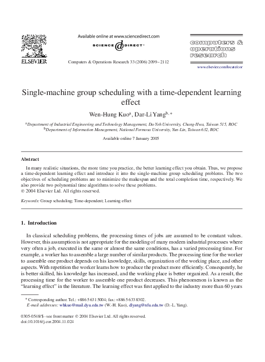 (PDF) Single-machine group scheduling with time-dependent learning effect and position-based ...