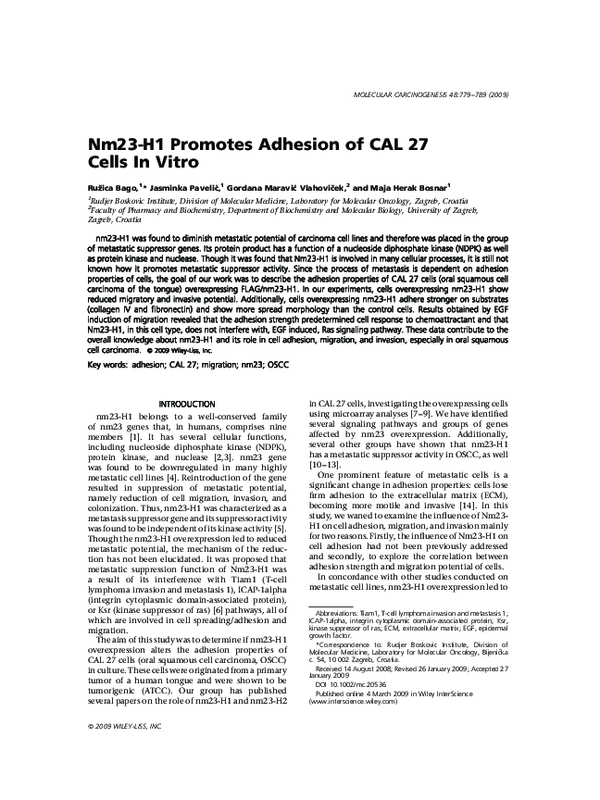 (PDF) Nm23-H1 promotes adhesion of CAL 27 cells in vitro