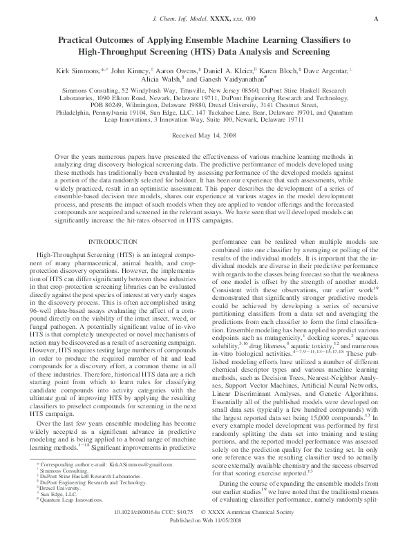 (PDF) Practical Outcomes of Applying Ensemble Machine Learning Classifiers to High-Throughput ...