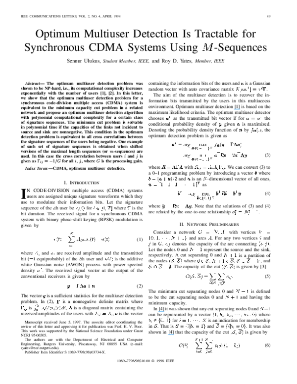 (PDF) Optimum multiuser detection is tractable for synchronous CDMA ...