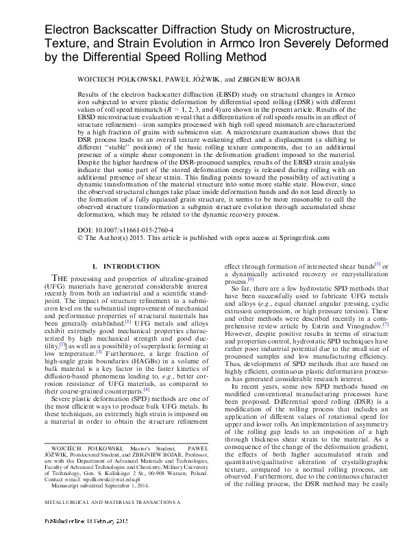 (PDF) Electron Backscatter Diffraction Study on Microstructure, Texture, and Strain Evolution in ...