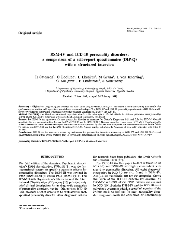 (PDF) DSM-IV and ICD-10 personality disorders: a comparison of a self ...