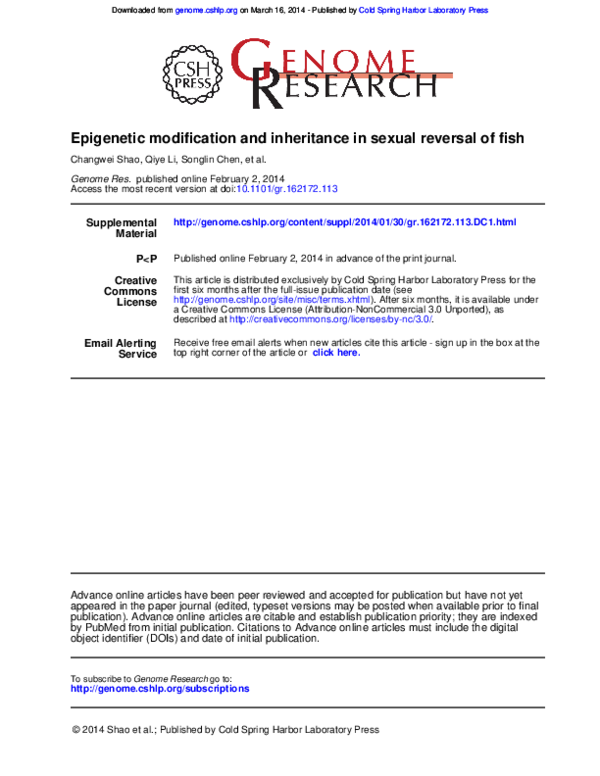 (PDF) Epigenetic modification and inheritance in sexual reversal of fish