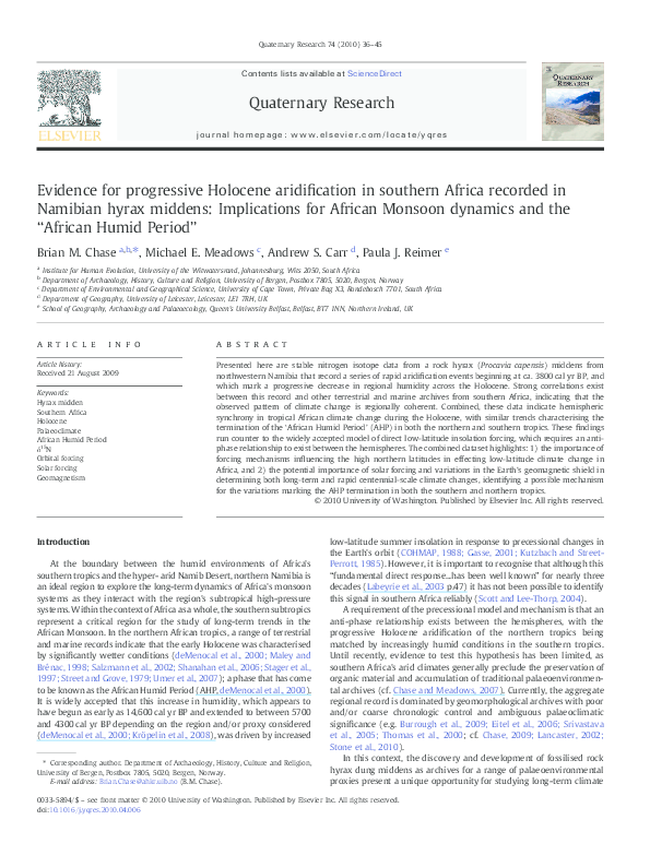 (PDF) Evidence for progressive Holocene aridification in southern ...
