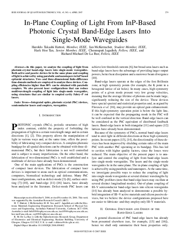 (PDF) In-Plane Coupling of Light From InP-Based Photonic Crystal Band-Edge Lasers Into Single ...