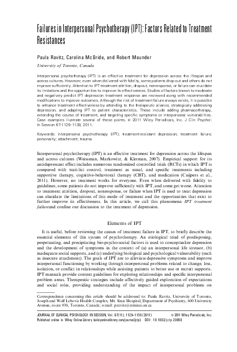 (PDF) Failures in interpersonal psychotherapy (IPT): factors related to ...