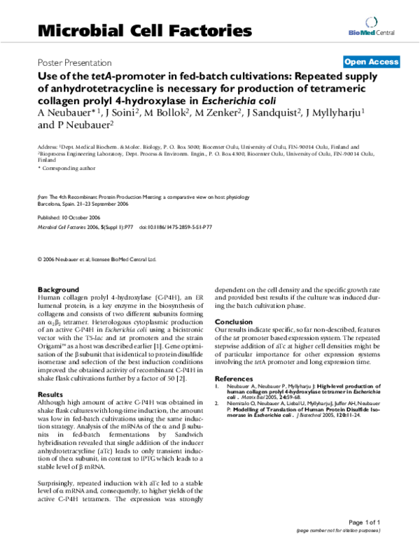 (PDF) Use of the tetA-promoter in fed-batch cultivations: Repeated ...