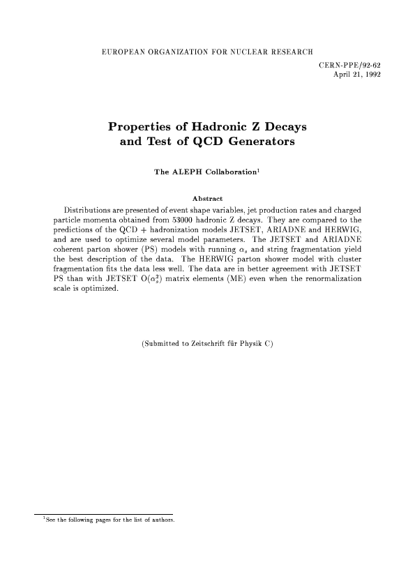 (PDF) Properties of hadronicZ decays and test of QCD generators