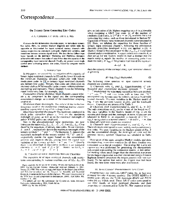 Pdf On Ternary Error Correcting Line Codes 1194