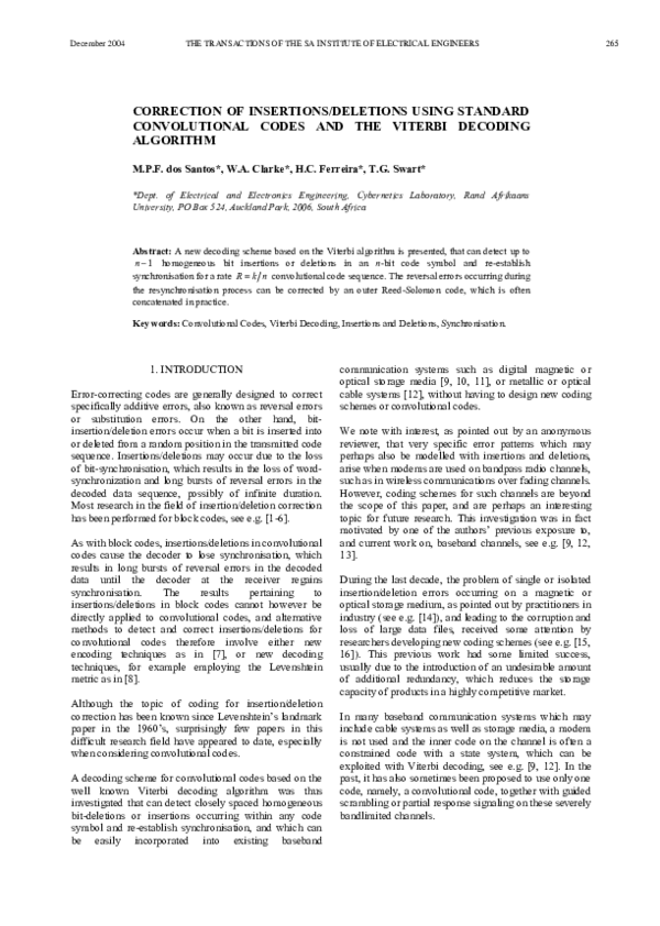 (PDF) Correction of insertions/deletions using standard convolutional codes and the Viterbi ...